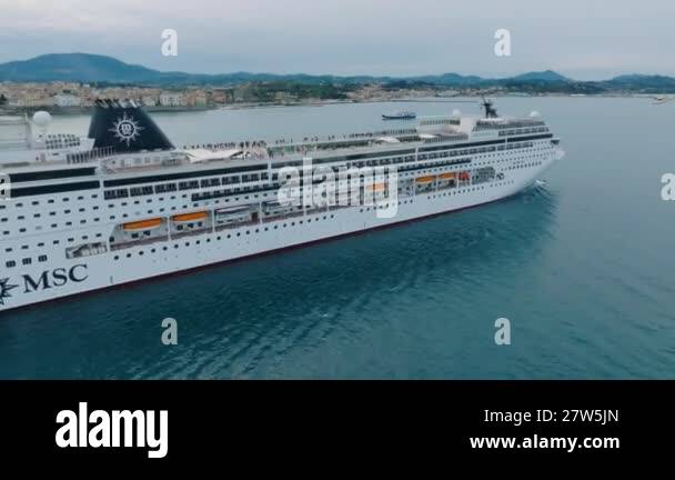 Aerial view of the MSC Sinfonia cruise ship approaching the port of the ...