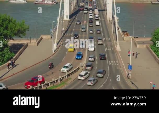Hungary city Budapest traffic movement of cars on the bridge over the ...