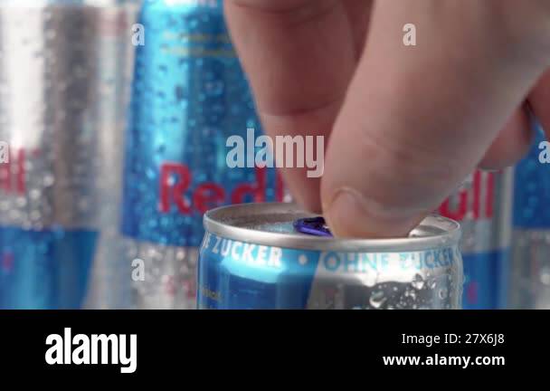 Germany Berlin January 6, 2025. A row of cans of Red Bull are shown ...