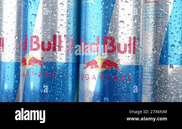 Germany Berlin January 6, 2025. A row of Red Bull cans with the word ...