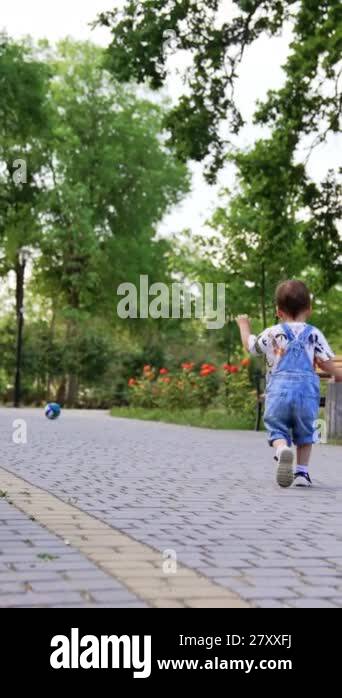Rear view of a toddler boy catching up with his ball. Child on the walk ...
