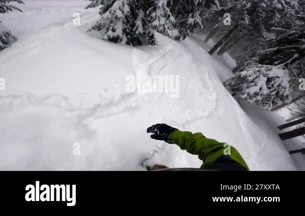 First person's view of a snowboard ride in the beautiful snowy forest ...