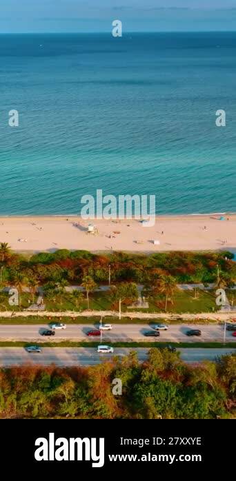 Multiple vehicle move by the highway along the beautiful beach in Miami ...