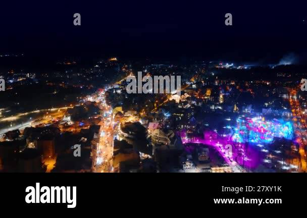 Spectacular scenery of the luminous town at Christmas season. Panorama ...