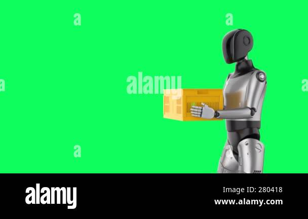 Smart logistic with delivery robot hold empty plastic crate isolated on ...