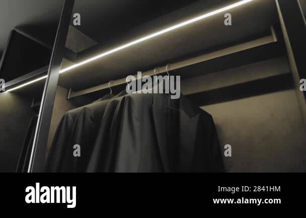 A stylish and contemporary closet that showcases a collection of black ...