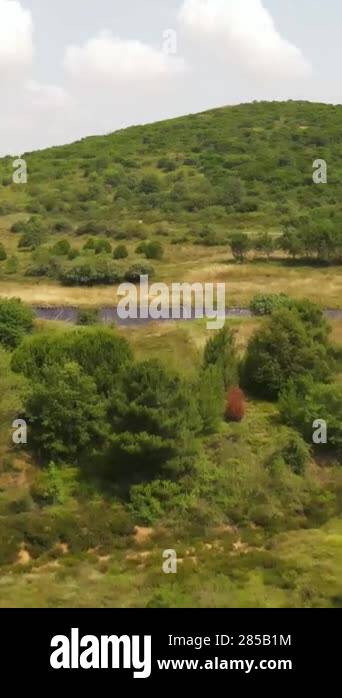 Aerial view rural scape, farmlands fields, nature variety in peak ...