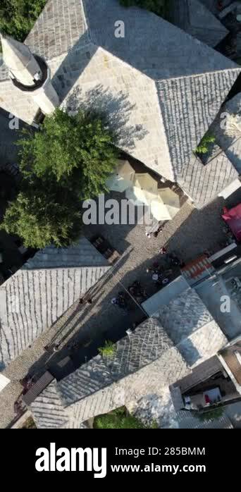 Buildings inside the settlement of the historical city Mostar, aerial ...