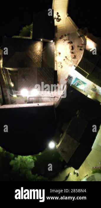 Night illuminated drone view of the historical Mostar building and ...
