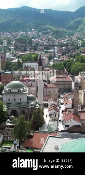 Drone view around the Gazi Husrev bey mosque in Sarajevo, aerial view ...