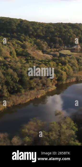 Delta of the river aerial drone shot view overhead, view towards the ...