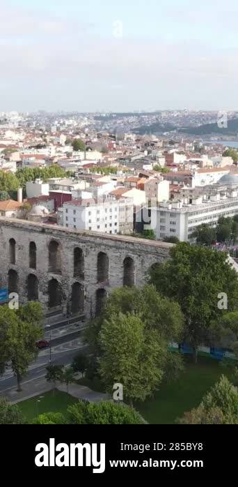 Aerial drone view from Valens Aqueduct Bozdogan Kemeri , a Roman ...