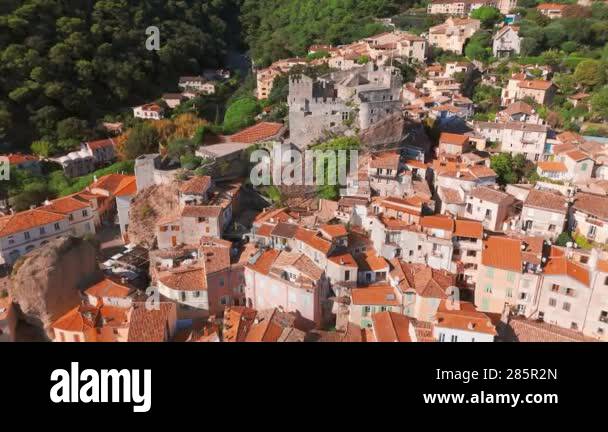 Aerial view of the picturesque medieval village of Roquebrune-Cap ...