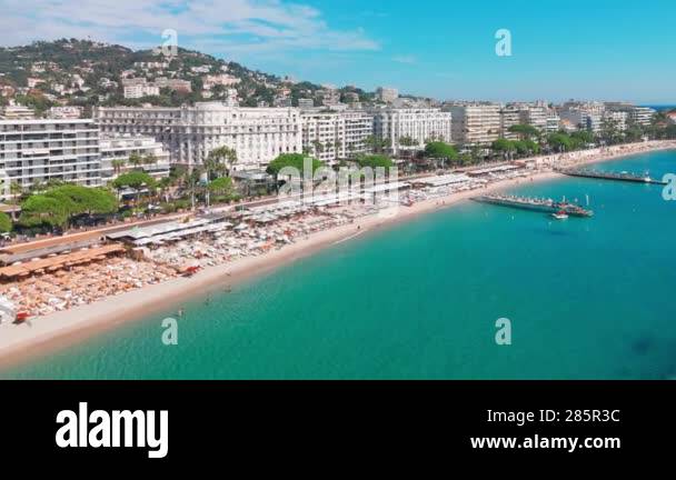 Aerial view of the beautiful beach in Cannes, with luxury hotels and ...