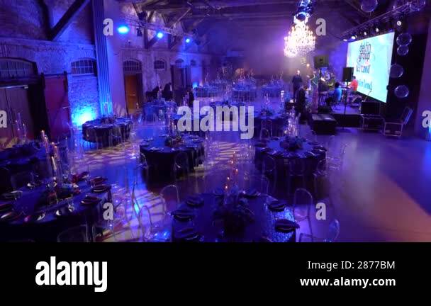 Riga, Latvia - January 11, 2025 - An elegant banquet hall with round ...