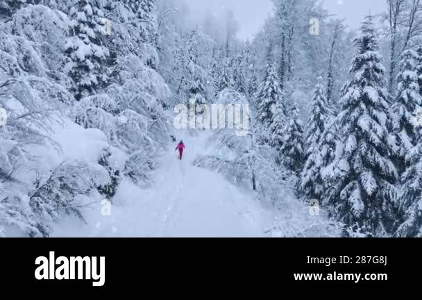 Aerial view of walking woman in red on mountain road in beautiful foggy ...