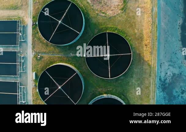 Top-down view of circular sedimentation tanks at wastewater treatment ...
