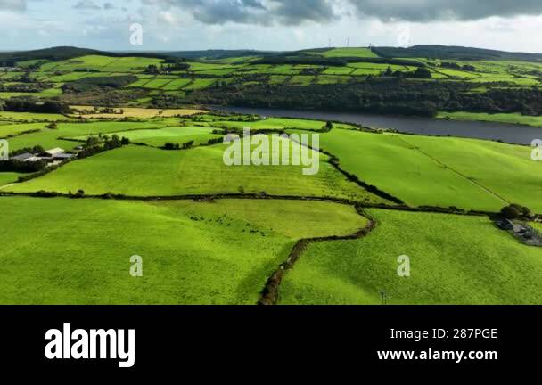 A stunning aerial view of vibrant, lush green fields embracing a ...