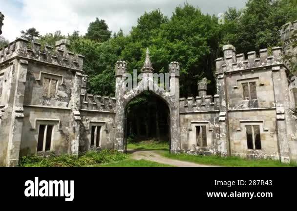 Aerial. Ballysaggartmore Towers. Ancient gate against the backdrop of a ...