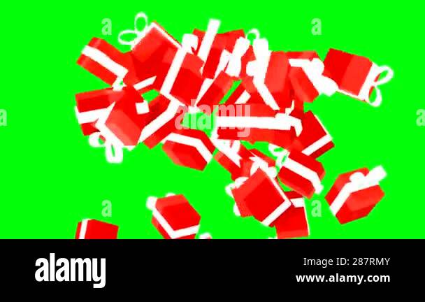 3d render many falling red gift boxes with white bows fall from top to ...