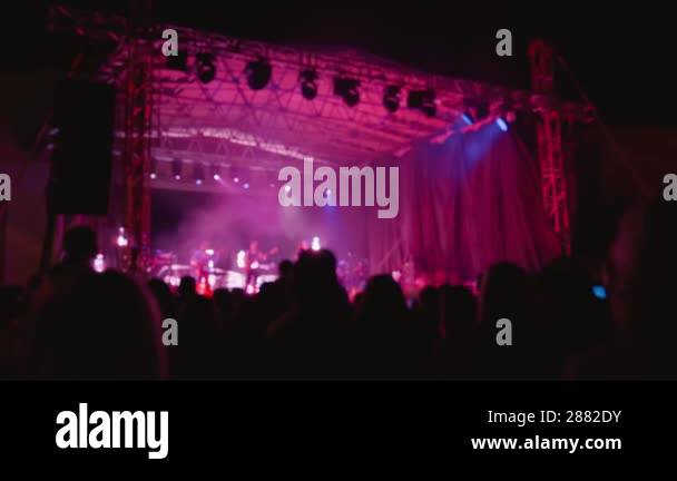 Fans are enjoying and applauding live music concert at night, raising ...