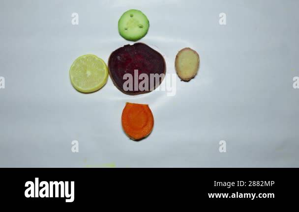 slice of fresh raw turmeric, beetroot, lemon, cucumber and ginger in ...