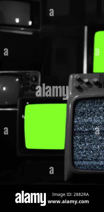 Old Television Powering On with Green Chroma Key and Surrounded by ...