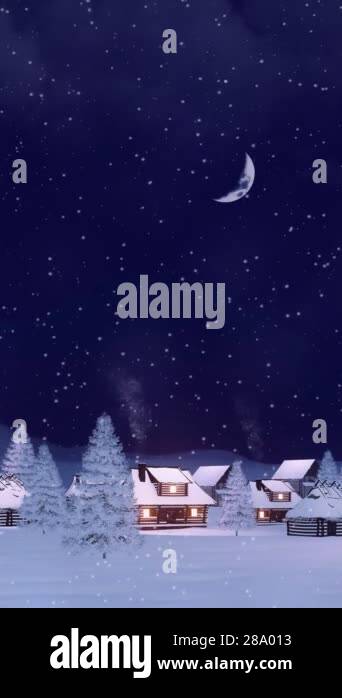 Vertical video of peaceful winter rural scene with cozy snow covered ...