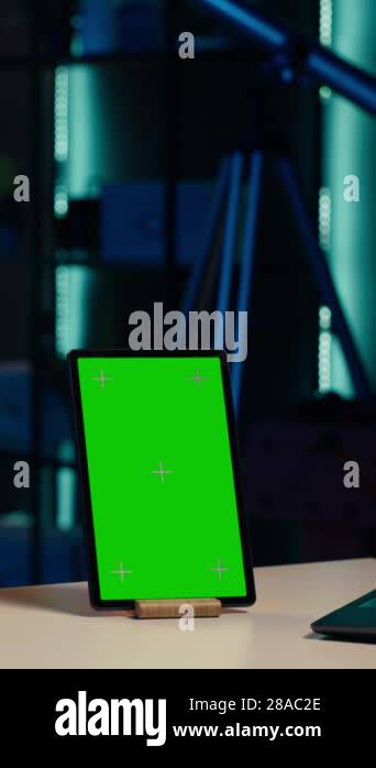 Vertical video Smiling young internet star presenting green screen ...