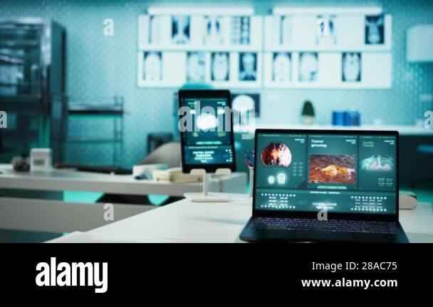 Empty cabinet at the clinic features modern medical tools and gadgets ...