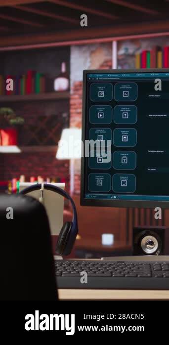 Vertical video AI LLM chatbot answering user prompts using predictive technology in home office ...