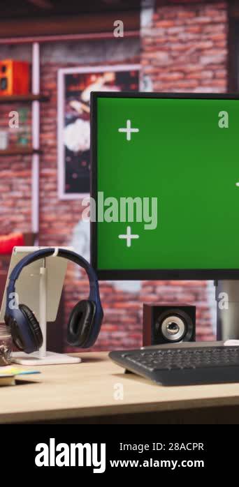 Vertical video Green screen mockup desktop PC display on cozy home ...