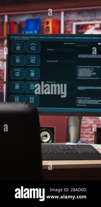 Vertical video AI LLM chatbot on computer screen in home office designed to understand human ...