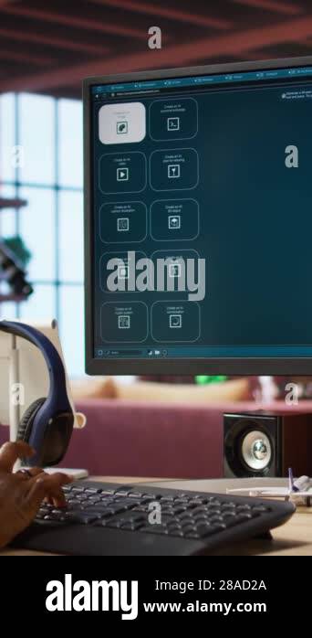 Vertical video Woman in apartment workspace using AI software turning text prompt into photos ...