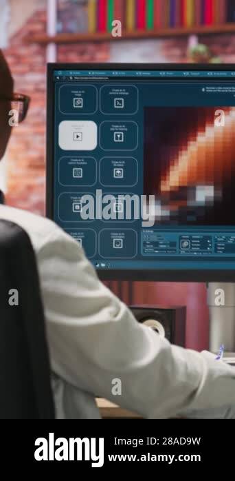 Vertical video Person at home getting tasks done with AI program turning text prompt into videos ...