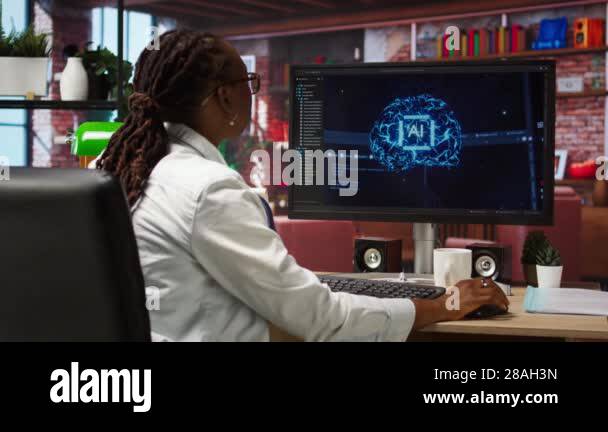 Programmer using computer at home for artificial intelligence computing simulating human brain ...