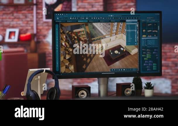 Assets being moved in 3D modeling program in rendered apartment for ...