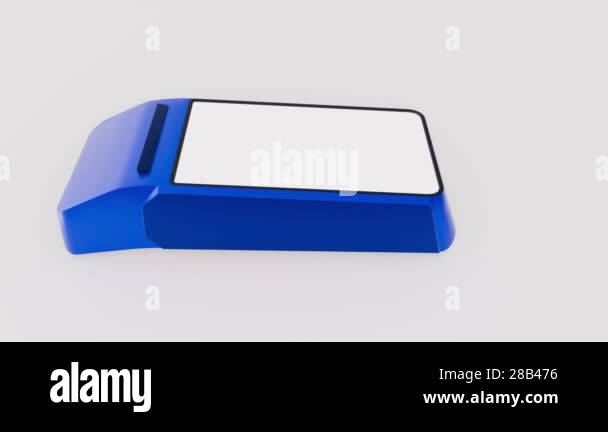 A 3D animation of a credit card inserted into a blue card reader ...