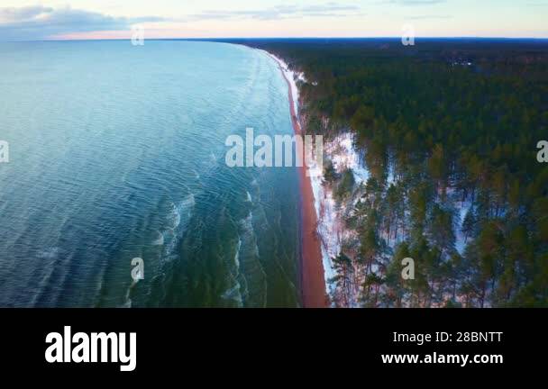 Aerial view. Gulf of Riga in winter. The steep coast of the Baltic Sea ...