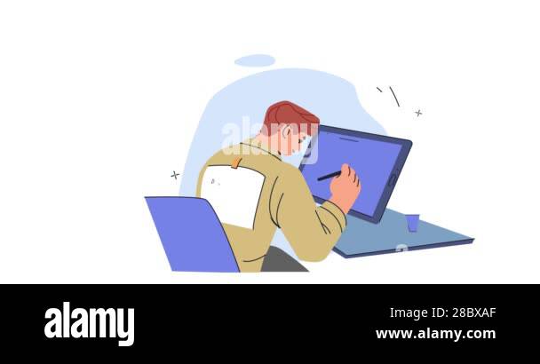 Workflow organization. Moving banner with busy male office worker doing ...