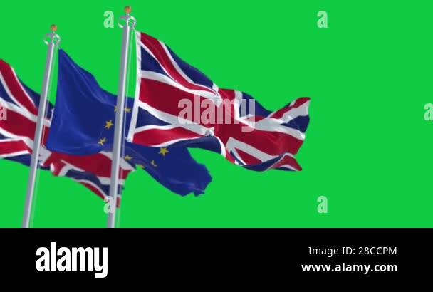 Flags of United Kingdom and the European Union waving in the wind ...