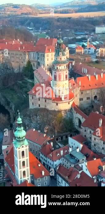 Aerial view of esk Krumlov, a historic town in the Czech Republic, featuring a medieval castle ...