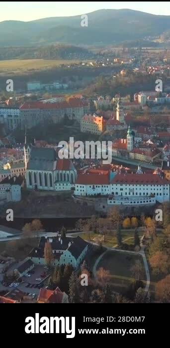 Aerial view of esk Krumlov, a historic town in the Czech Republic, featuring a medieval castle ...