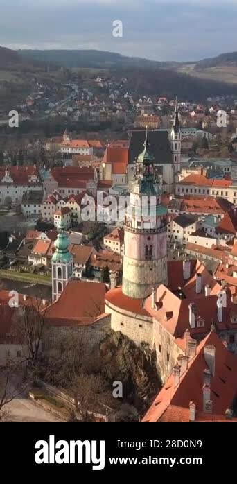 Aerial view of esk Krumlov, a historic town in the Czech Republic, featuring a medieval castle ...