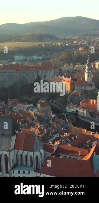 Aerial view of esk Krumlov, a historic town in the Czech Republic, featuring a medieval castle ...