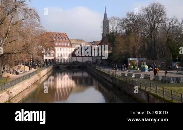 Ponts des Moulins bridge on Ill river, Notre Dame cathedral in distance ...