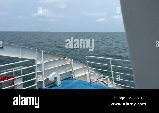 Wake of vessel. Wide wake trail from boat. Back view. Ocean water. Deep ...
