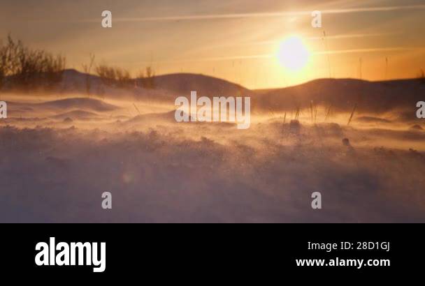 Frozen landscape of snow covered field after a blizzard, ice desert ...