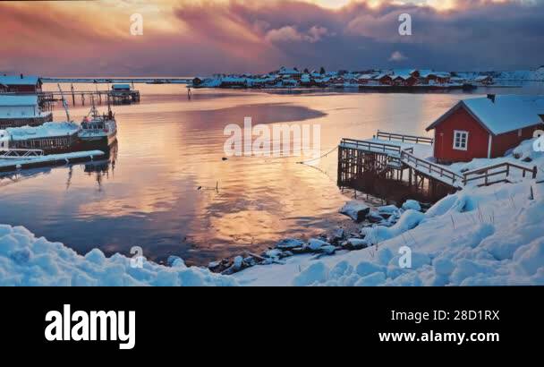 Beautiful arctic landscape of Nordic sea coast and fishing village on a ...