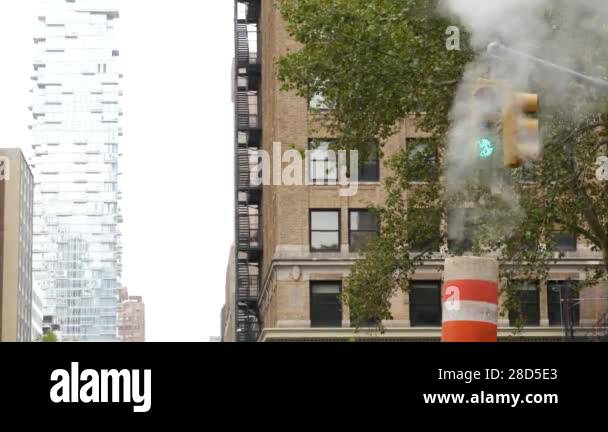 Steam vapor vented, New York City Church, Fulton street, orange vapour ...